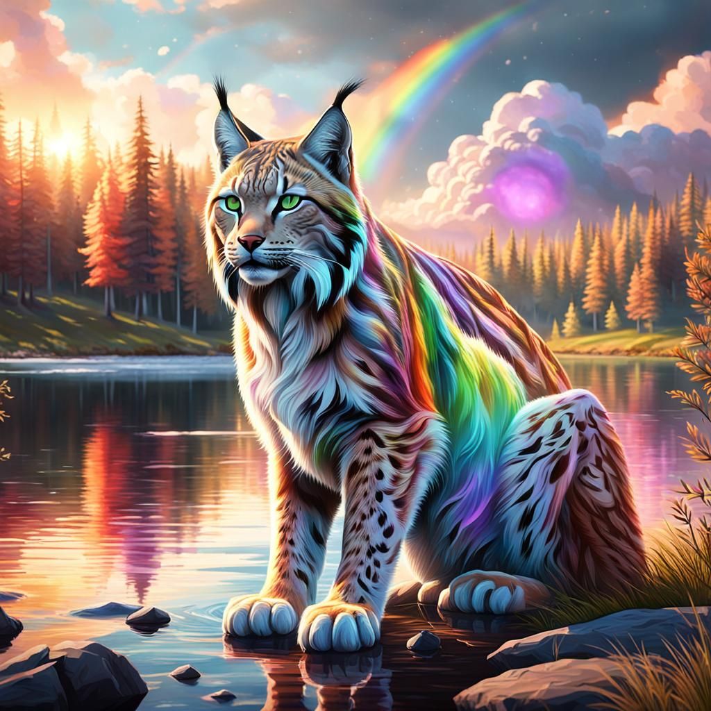A lynx by a lake, incredible swirling rainbow glowing clouds. RAW color ...