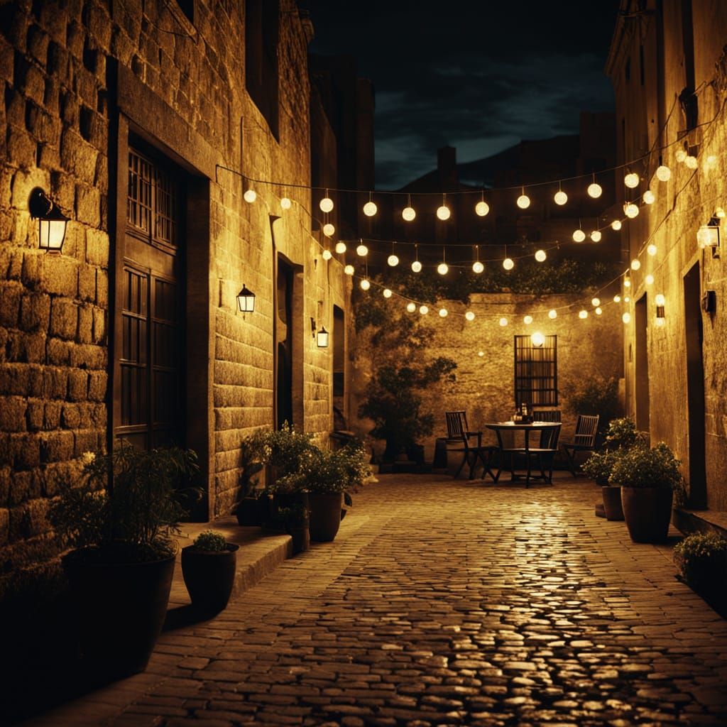 Courtyard Aglow: A Cinematic Film Noir Scene - AI Art