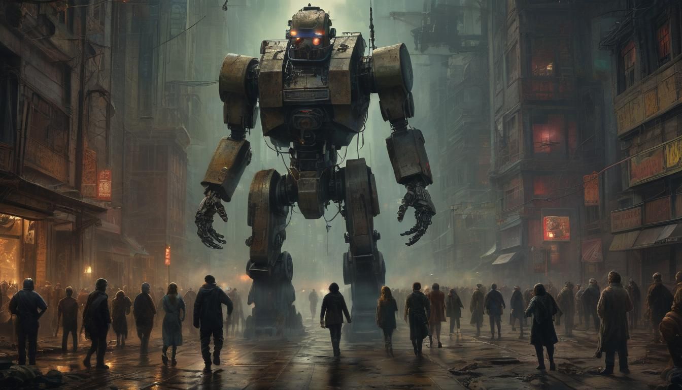 (people running from a Gothic Robot trying to step on them:1.5) / (a ...