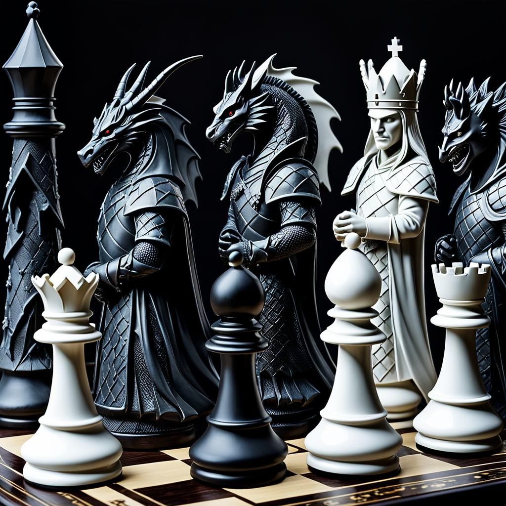 A side view of an imaginative chess set where the black pieces are ...