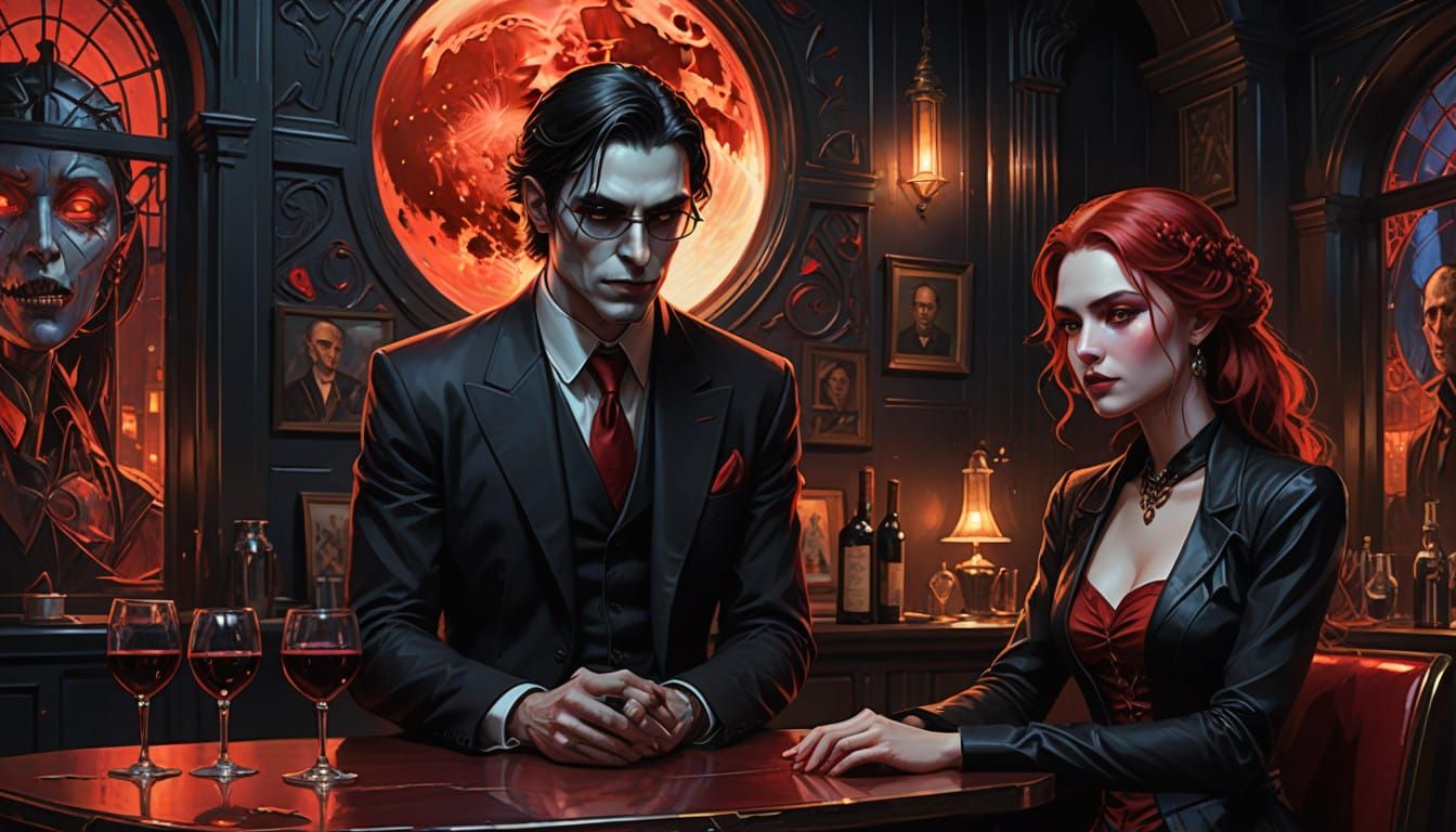 Midnight Vampires Gather in the Nightcafe Under th... - AI Art