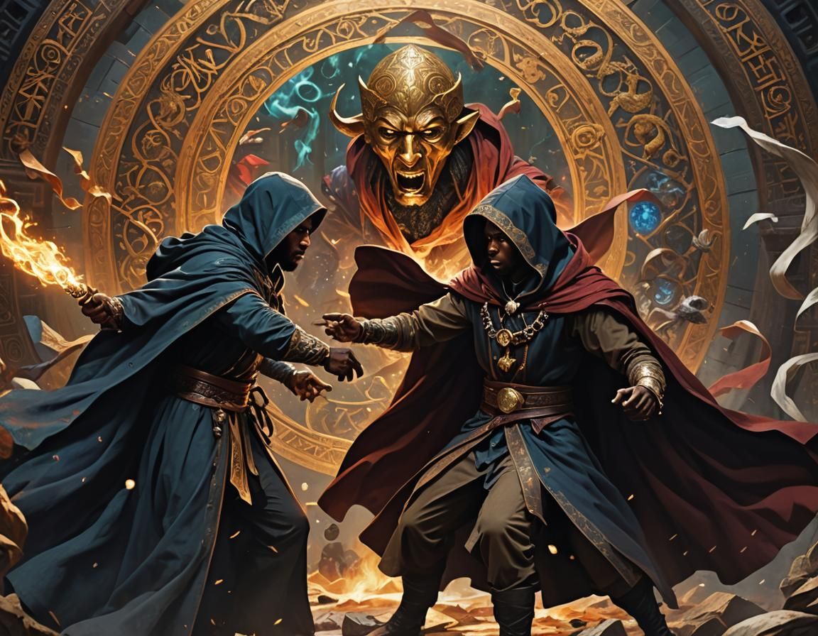 maximalist fight scene, long shot, two african-american wizards ...