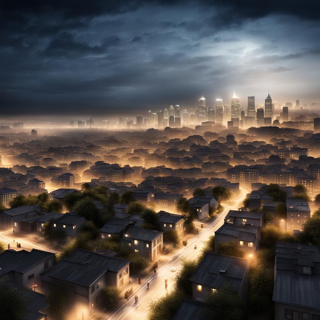 Nighttime Cityscape, as seen from a hill, very realistic and detailed ...