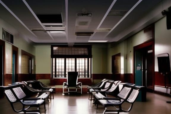 An empty hospital waiting room at night, eerie lighting. Epic cinematic ...