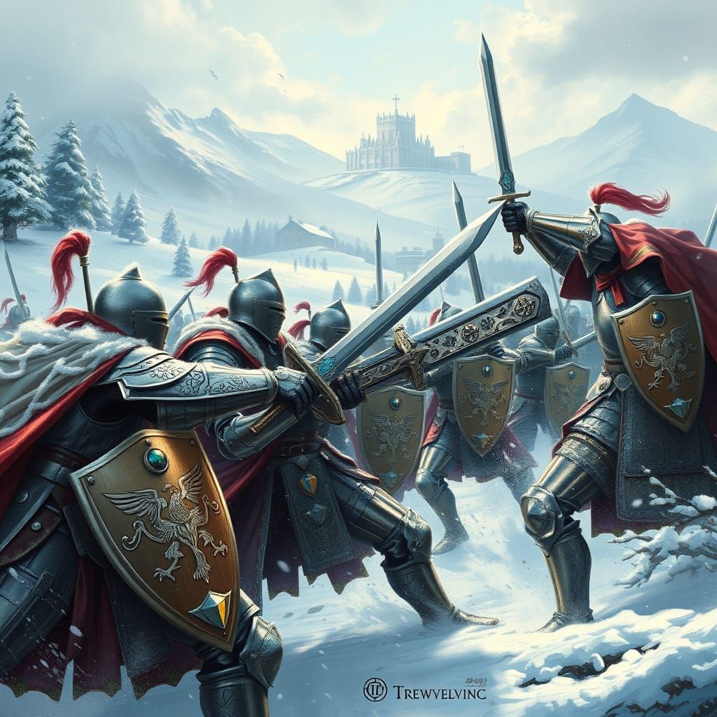 Armored knights in ornate, hand-forged plate armor, adorned with regal ...