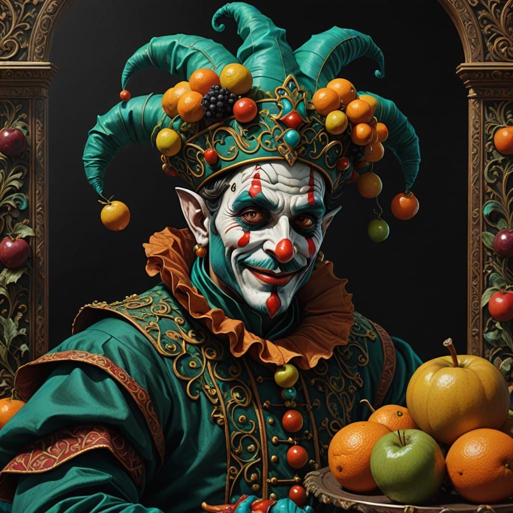 Medieval Jester in Fruit Composition - AI Art