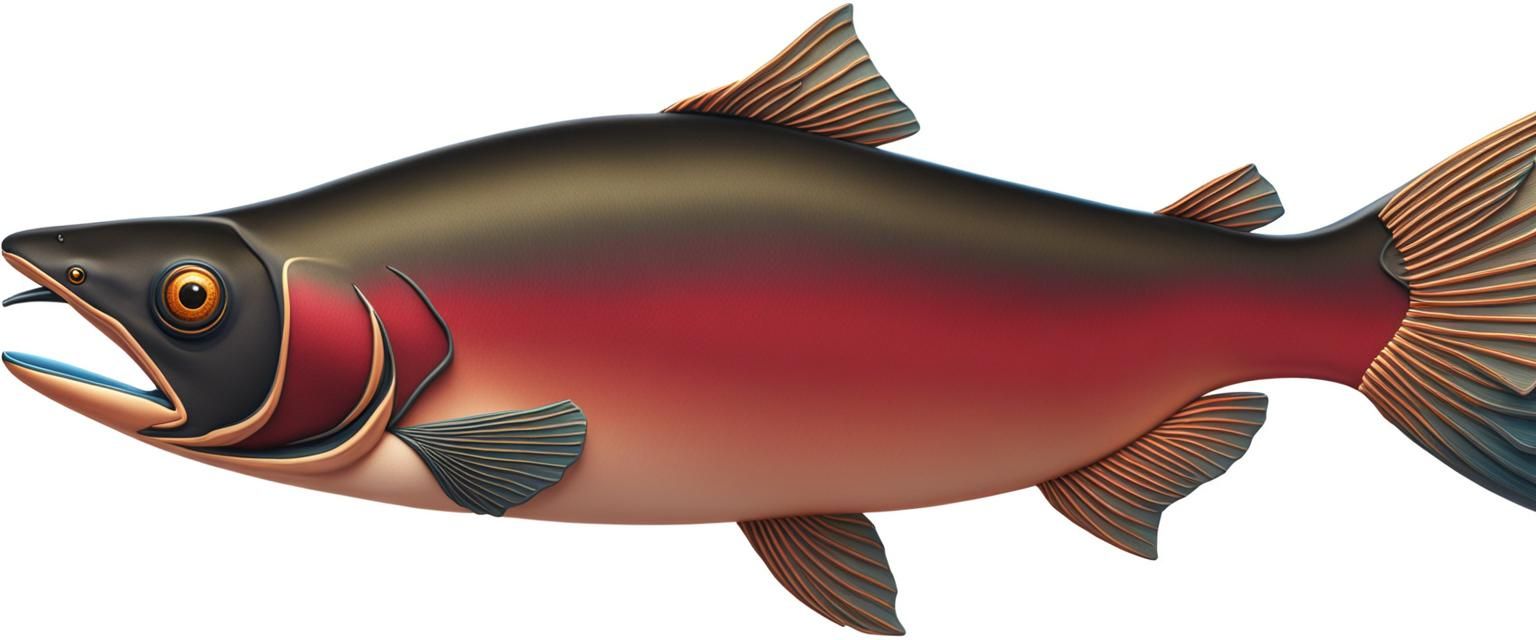 coho fish spawning colors embroidered onto a light blue circle shaped ...