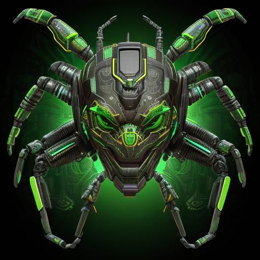 A neon-green mechanical bug on a black background, Aztec patterns ...