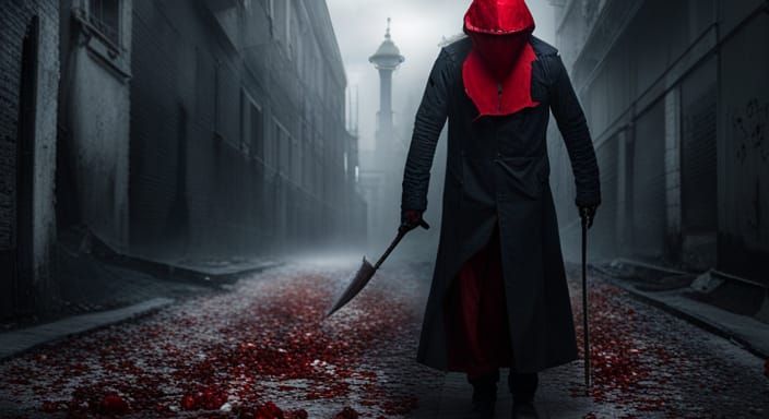 evil looking, killer, slasher demonic with a red hood in alley with a ...