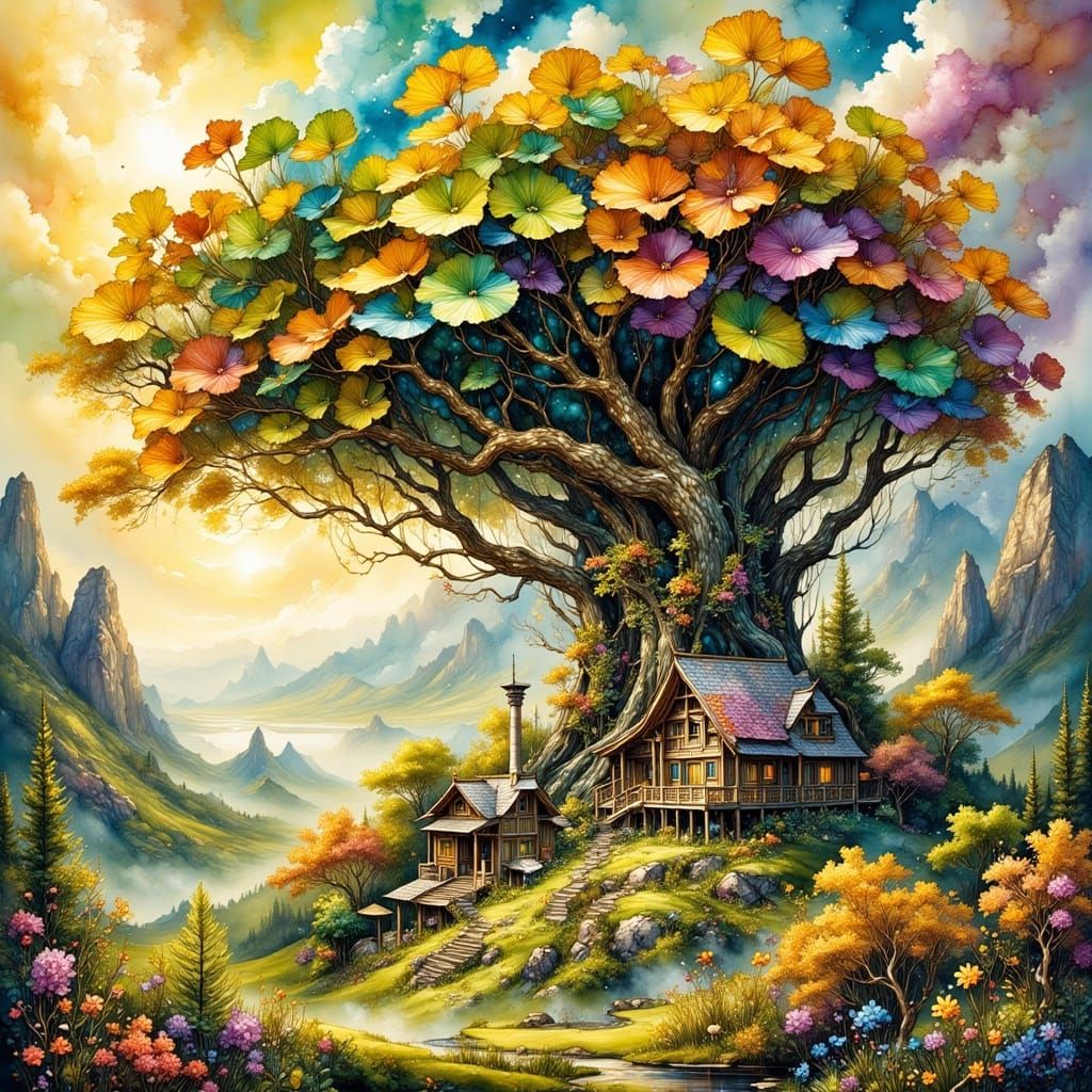 On an alien planet, in a green landscape, stands a huge tre...