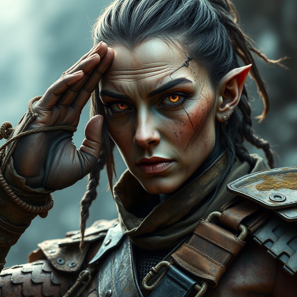 Gritty Fantasy Warrior Salutes with Fierce Inner L... - AI Art