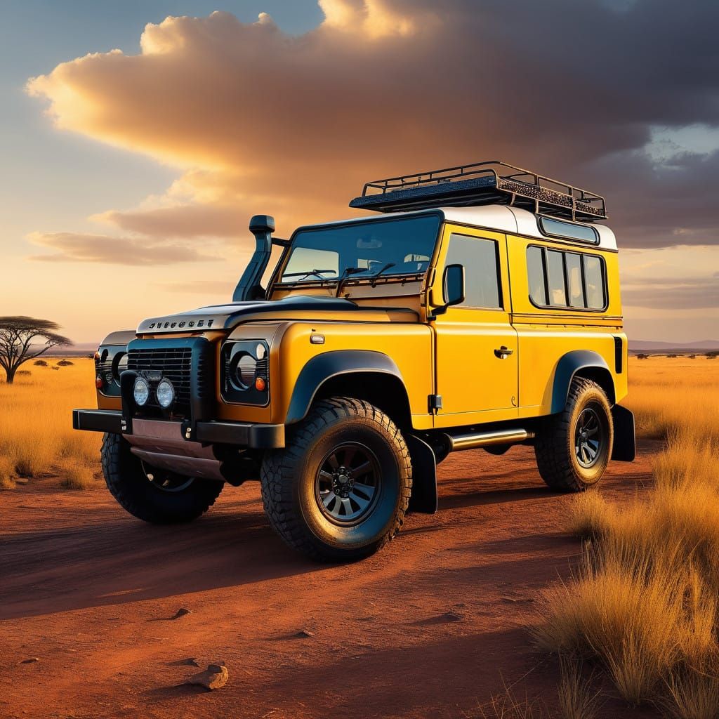 Land Rover Defender in Serengeti Sunset - AI Art