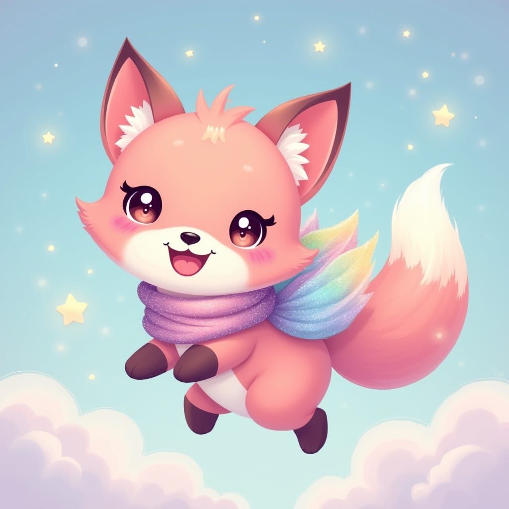 Whimsical Pink Fox Soars Through Dreamy Skies in V... - AI Art