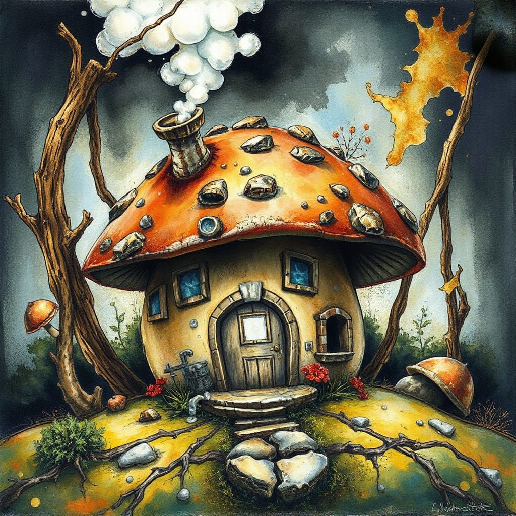 Mushroom House in Expressionist Abstract Style - AI Art