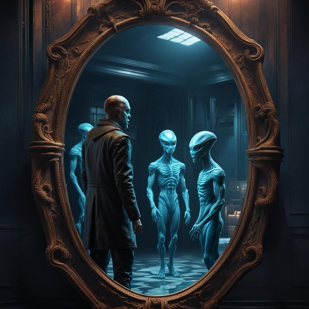 man looking in the mirror , alien reflection man looking back detailed ...