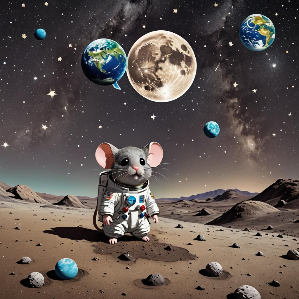 Photograph chibi mouse with chat bubble saying "earth" on the moon ...