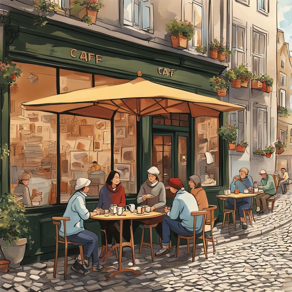 A small café with outdoor seating on a cobblestone main street. Friends ...