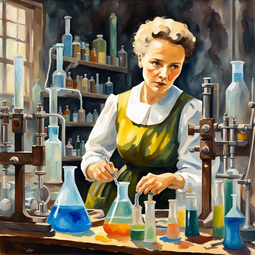 hyperdetailed image Marie curie in chemistry lab surrounded by lab ...