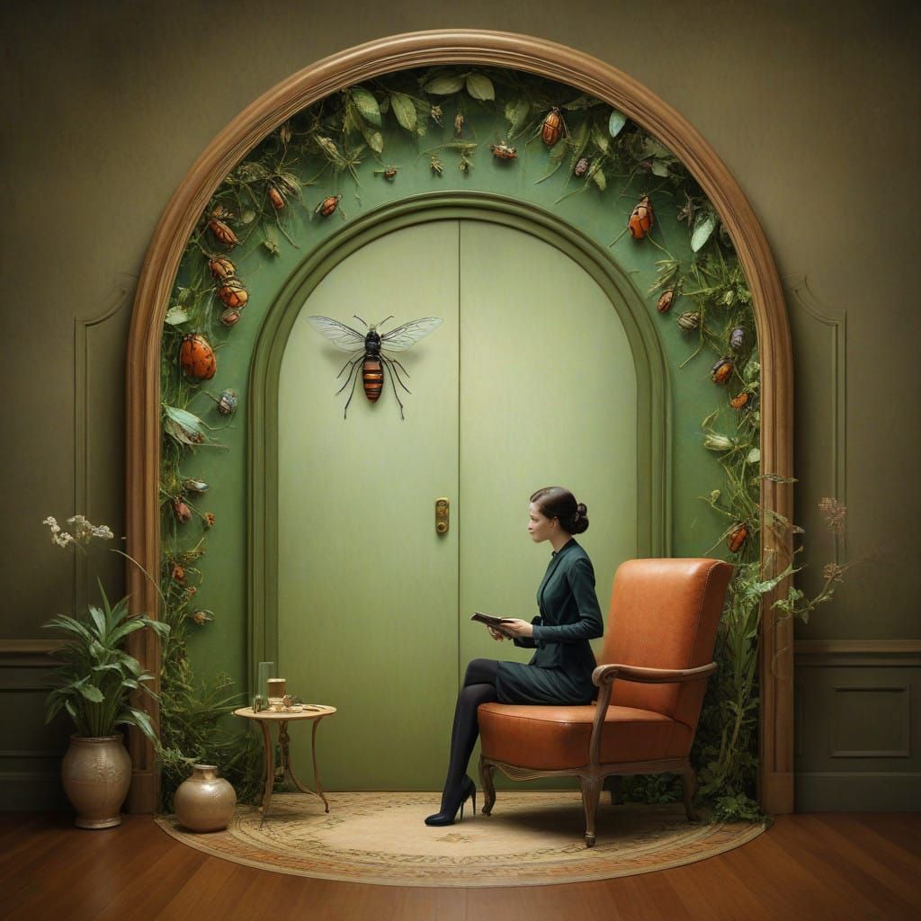 Surreal Waiting Room where Insects Emerge from a D... - AI Art