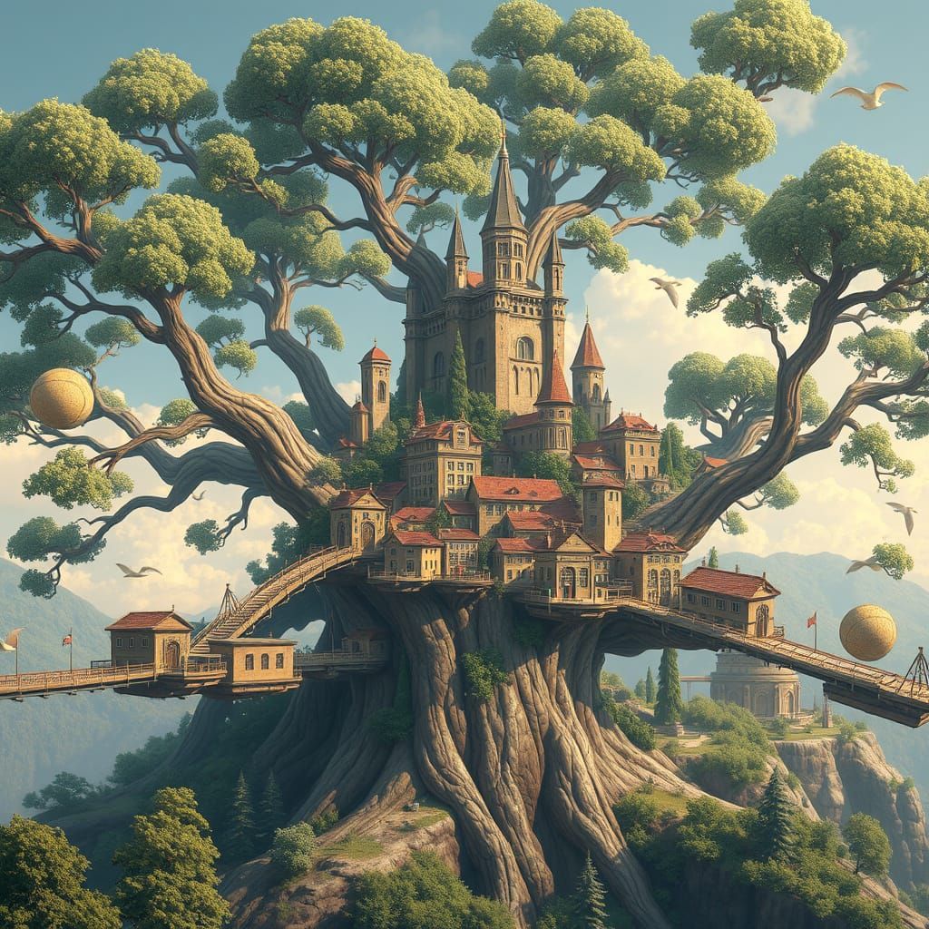 A city built on the branches of a giant tree, with bridges connecting ...