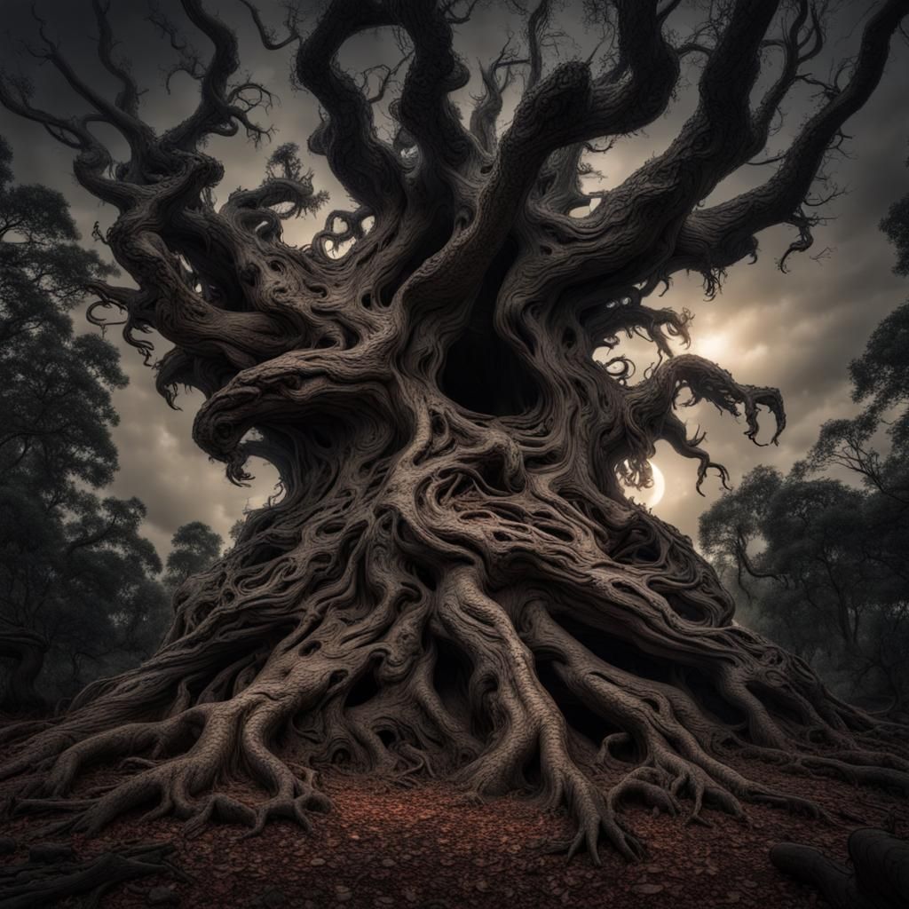 A massive gnarled old tree carved into a huge looming demon in a forest ...