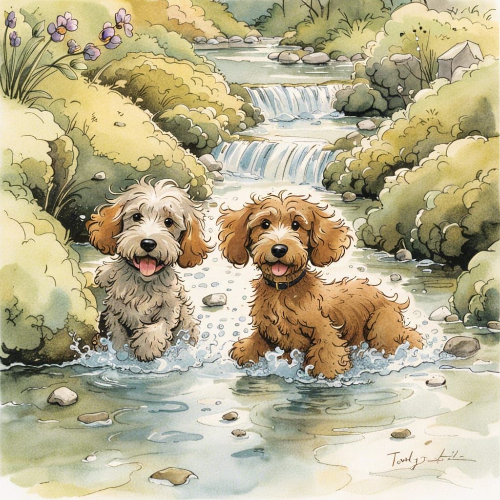 Cockapoos in the Stream - AI Generated Artwork - NightCafe Creator