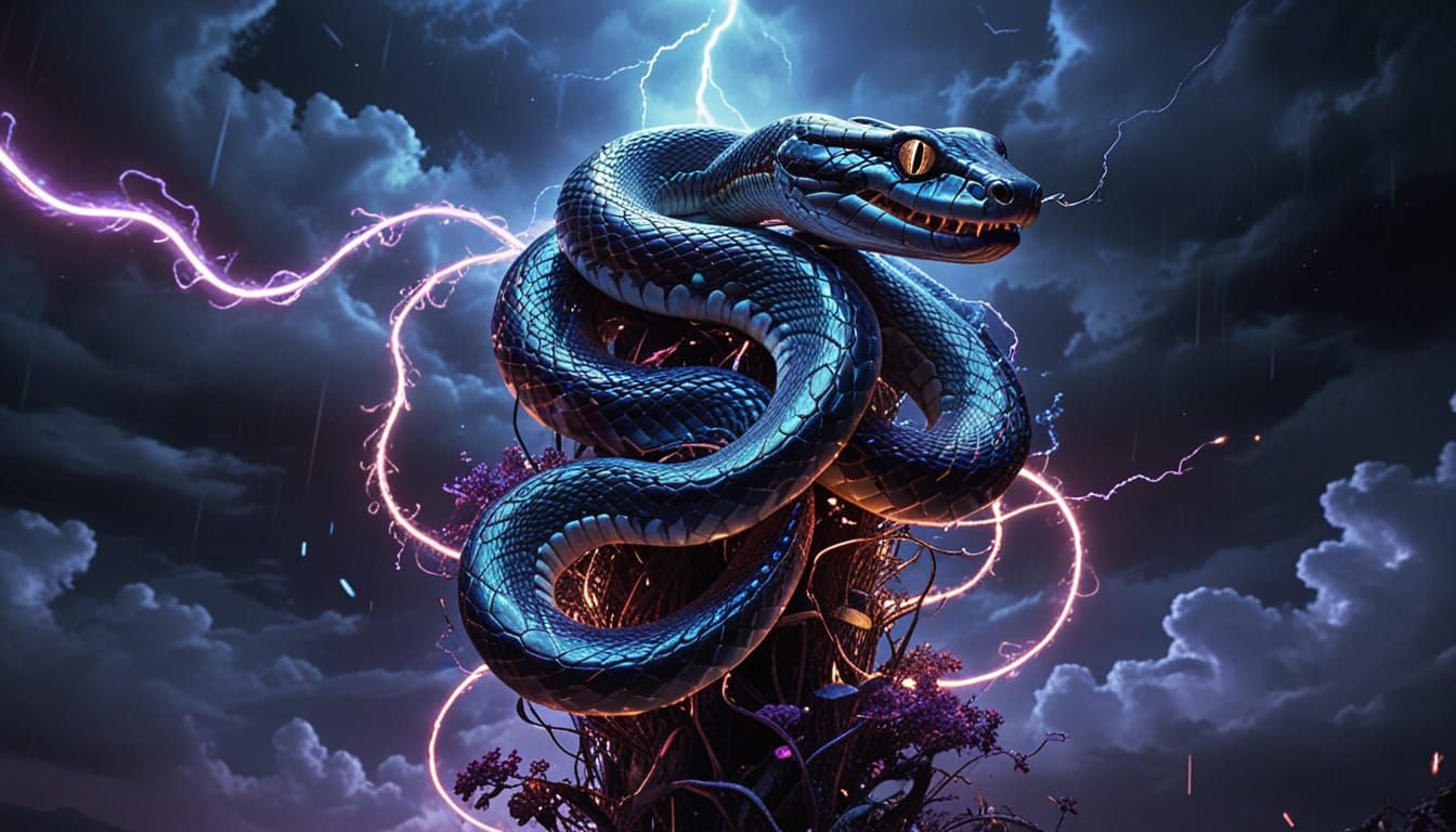 Electric Dreamscapes: Neon Serpents Dancing in the... - AI Art