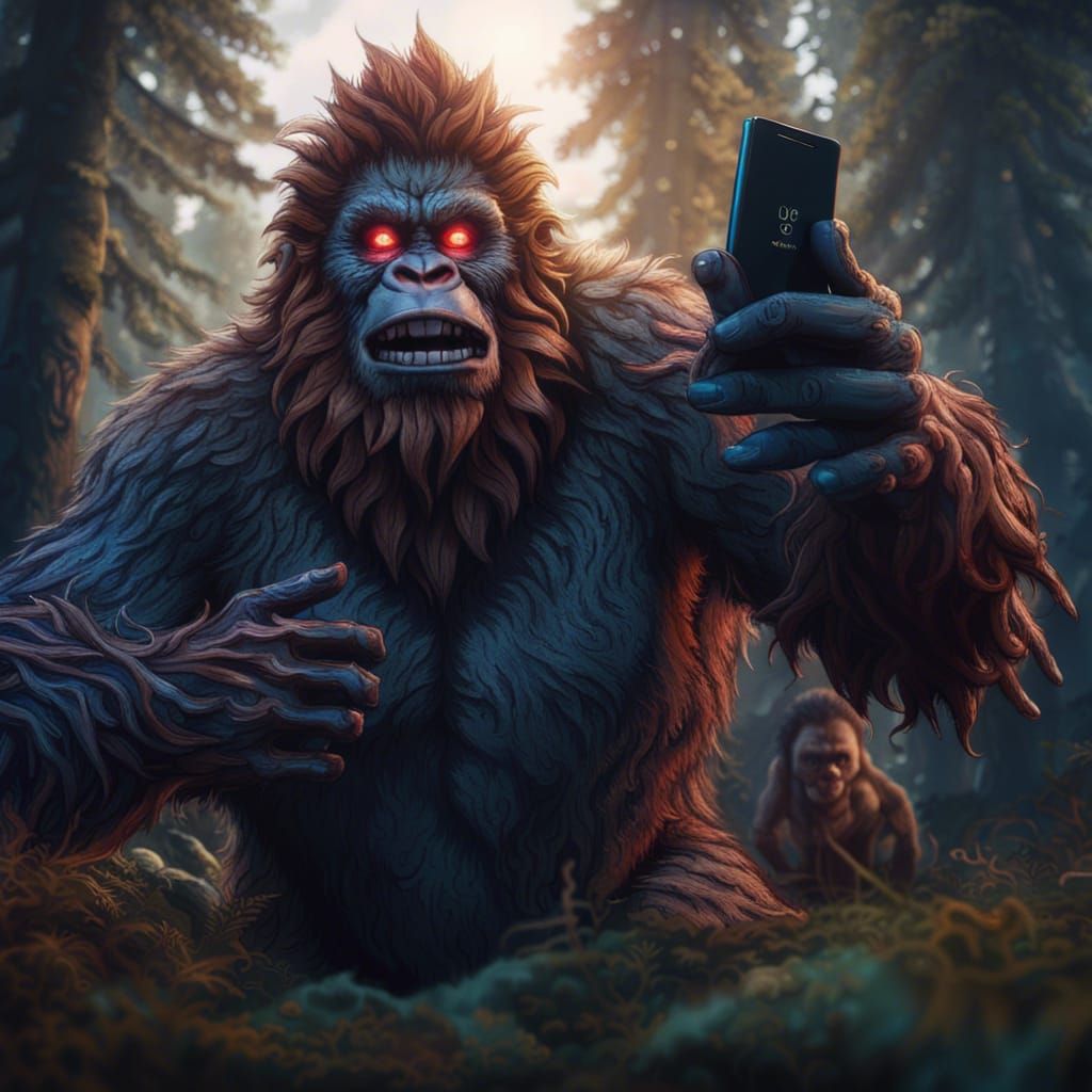 Bigfoot holding a smartphone taking a selfie - AI Generated Artwork - NightCafe Creator