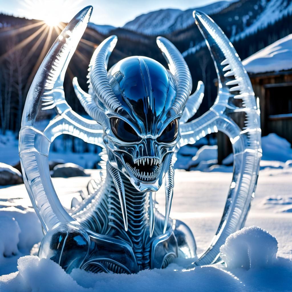 Alien Xenomorph Ice Sculpture - Shimmering Crystal Xenomorph...