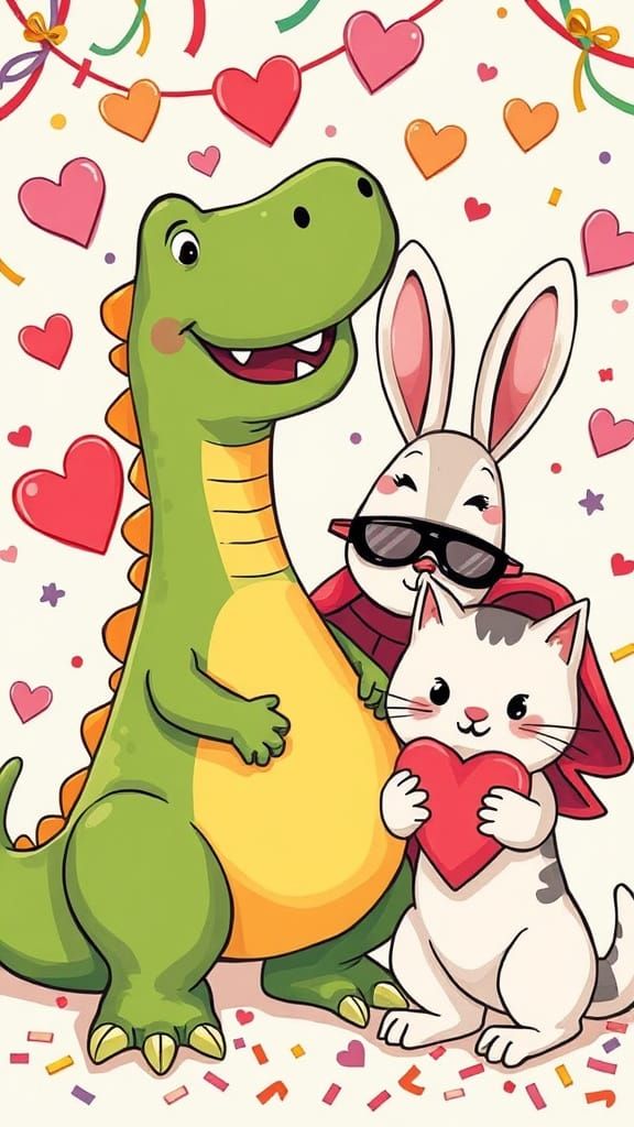 Cartoon animals holding hearts. “Be My Valentine-saurus with a dinosaur ...