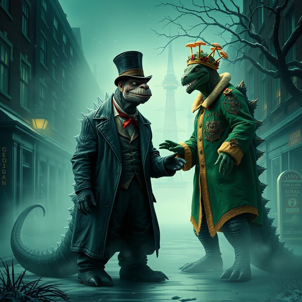 Godzilla as Ebenezer Scrooge in Haunting Victorian... - AI Art