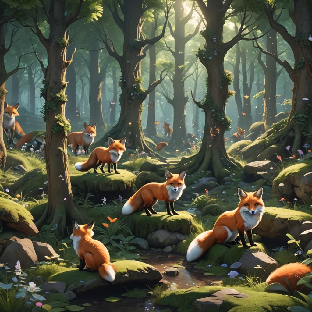 A enchanted forest with foxes - AI Generated Artwork - NightCafe Creator