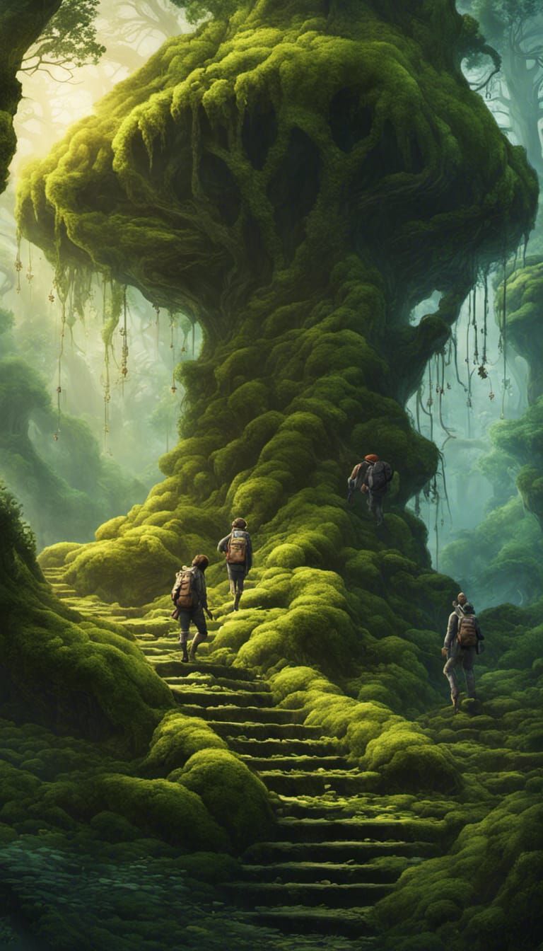Explorers walk up moss-covered stone stairs - AI Generated Artwork ...