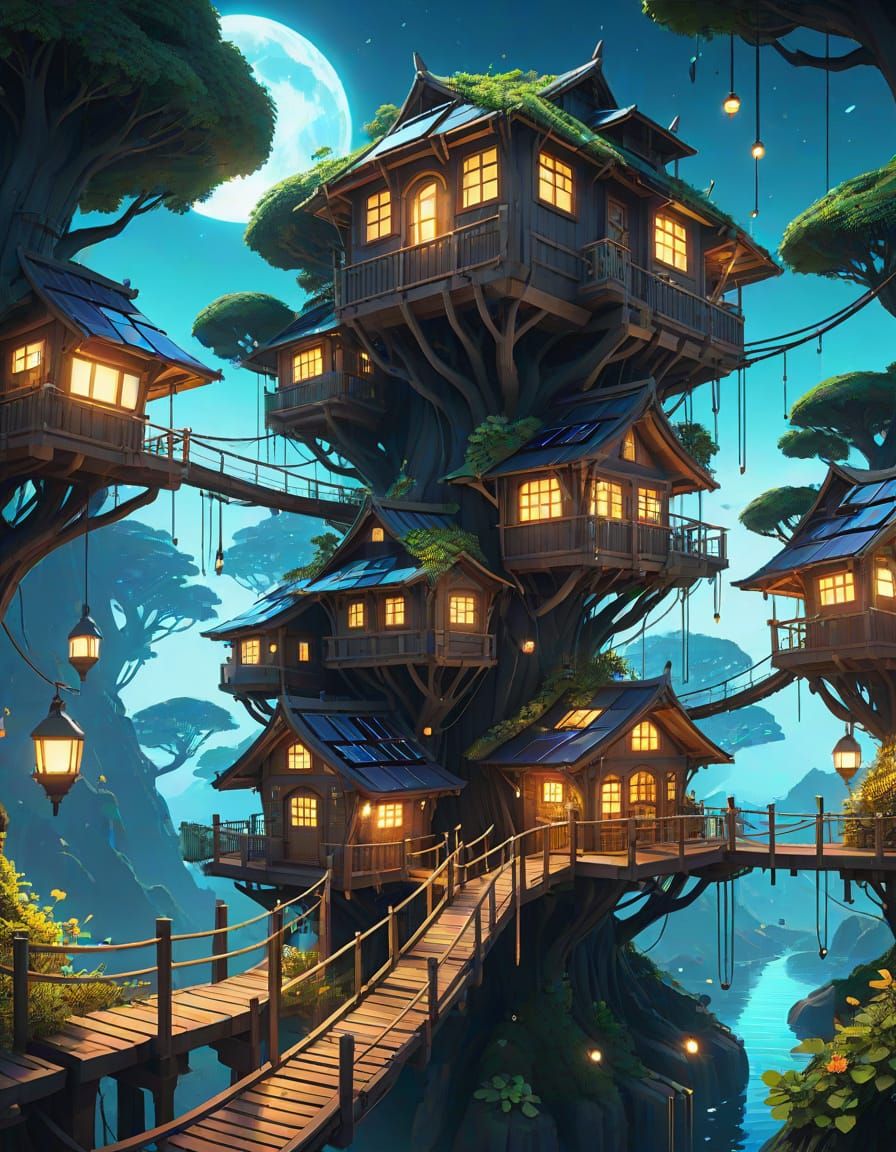 A solarpunk-inspired treehouse village with bioluminescent flora and advanced technology powered ...