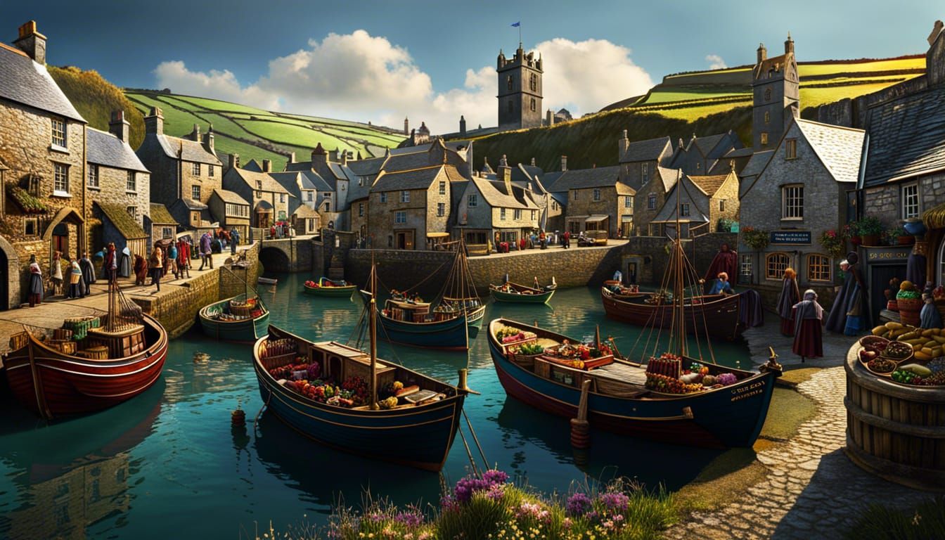 A busy Port Isaac fishing village, Cornwall UK in the middle ages - AI ...