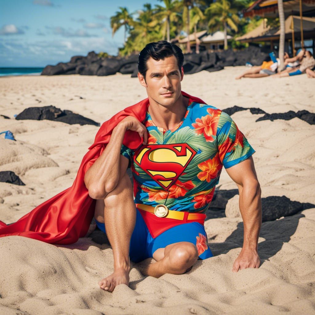 Superman wearing a Hawaii shirt Taking a break on the beach - AI ...