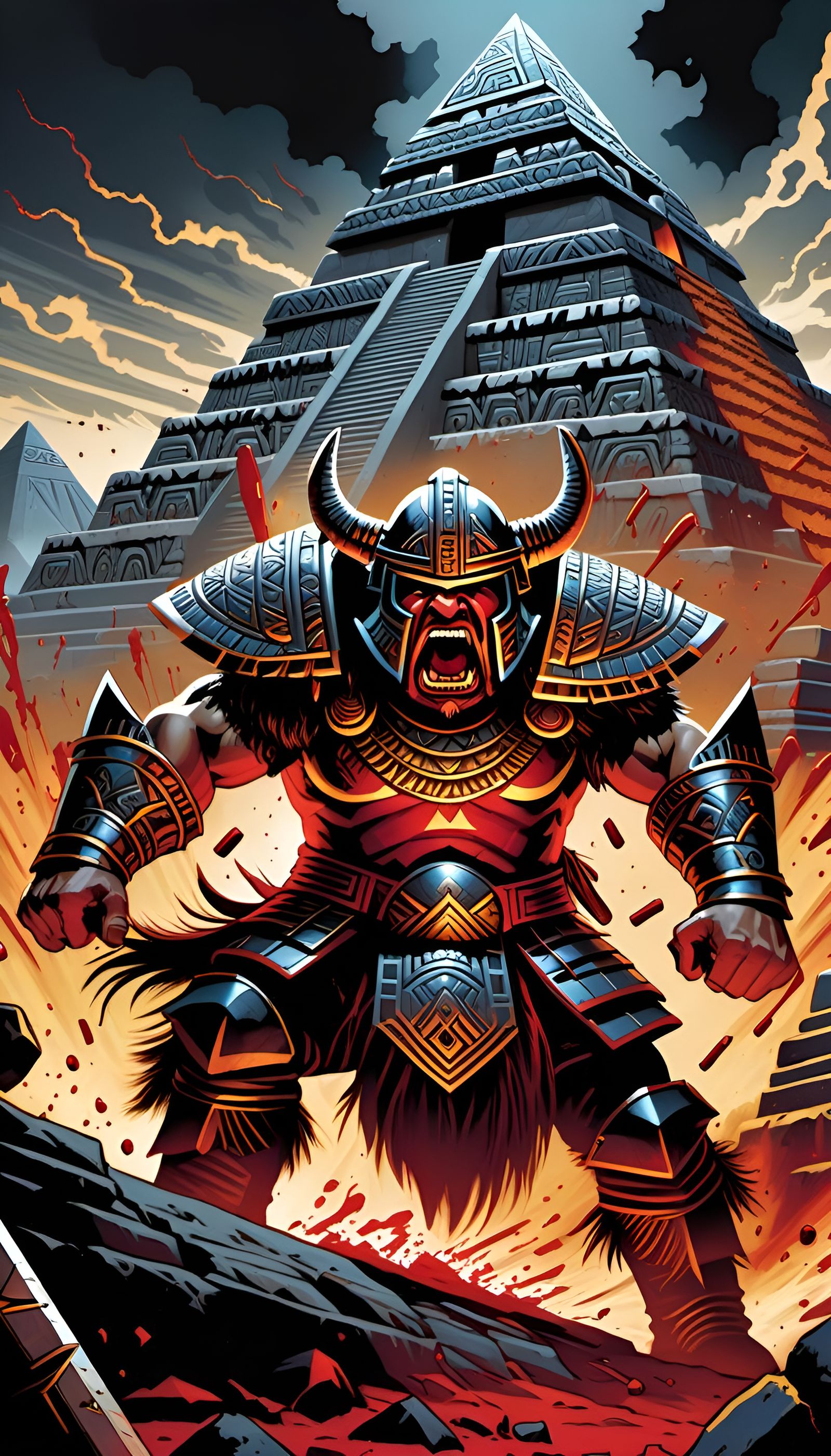 A bloody dwarven warrior in Aztec armor charges screaming across a gory ...