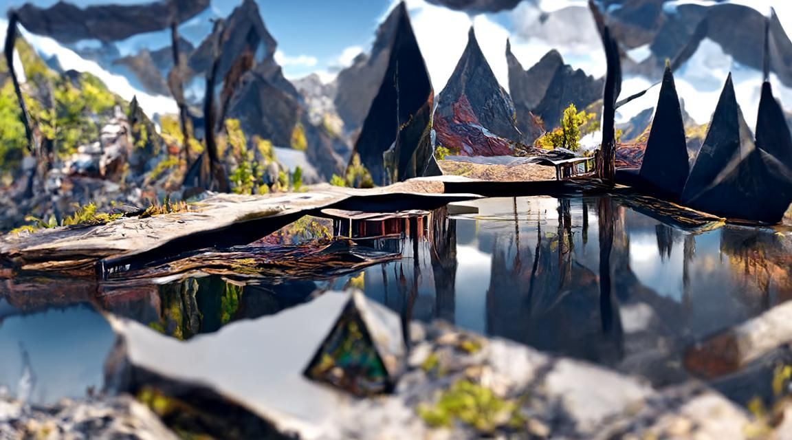 A mountain lake with a stunning reflection, beautiful maximalist vista ...