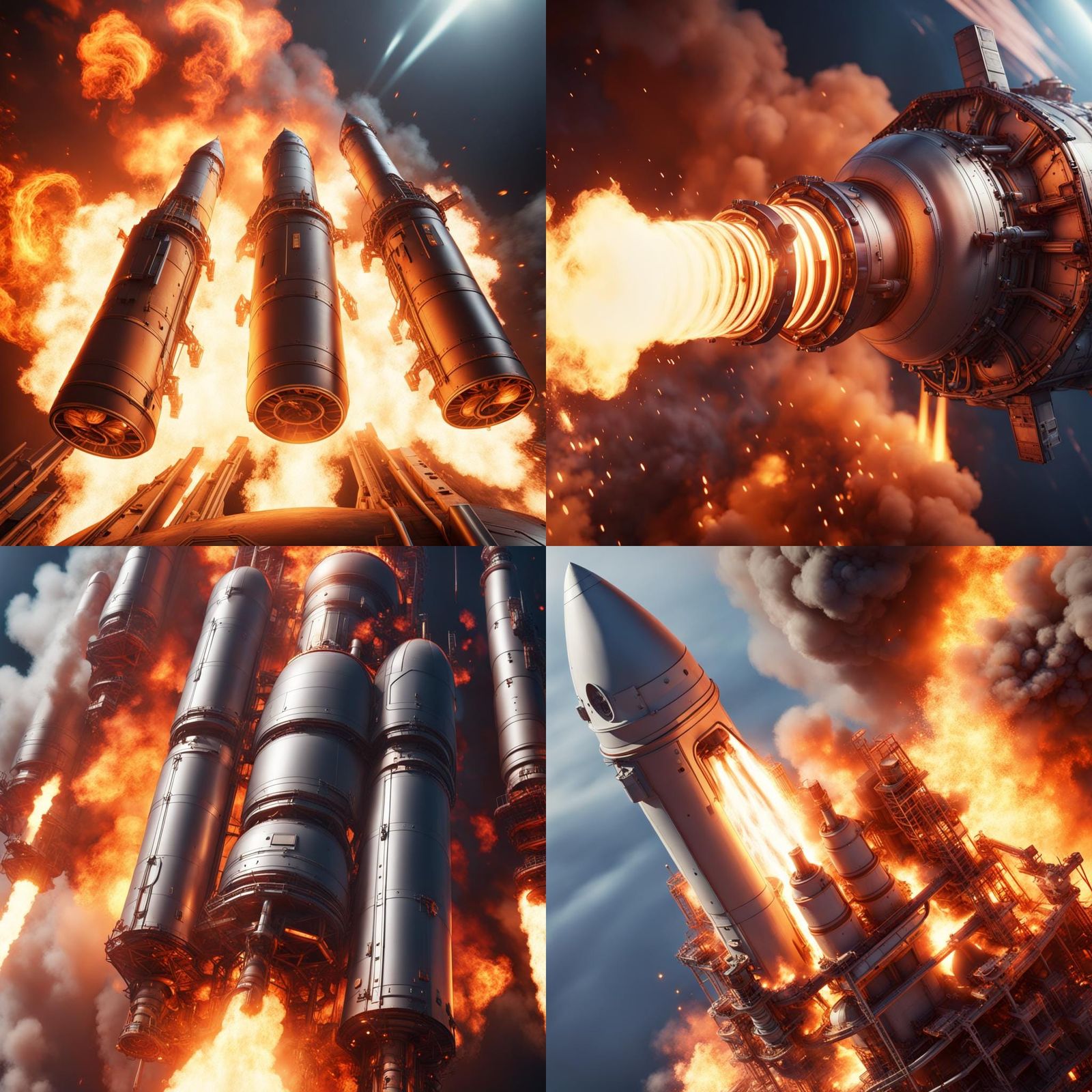 detailed closeup of flames of rocket engines burning, no smoke, fire ...