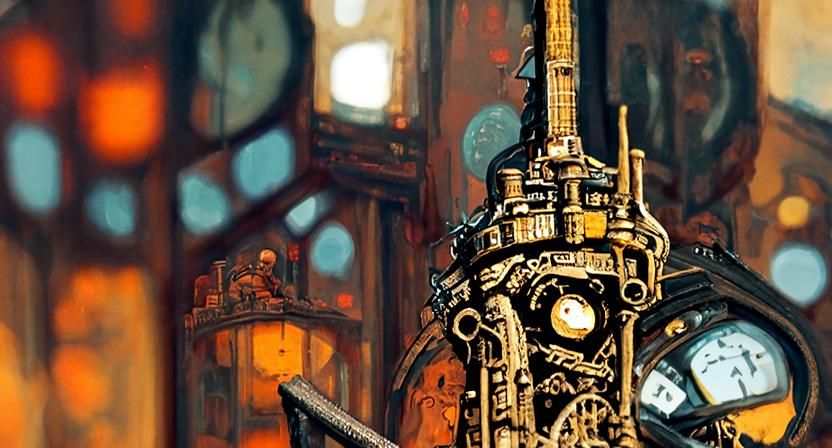 Medieval cyberpunk steampunk clockpunk tower, guitarist; oil painting ...