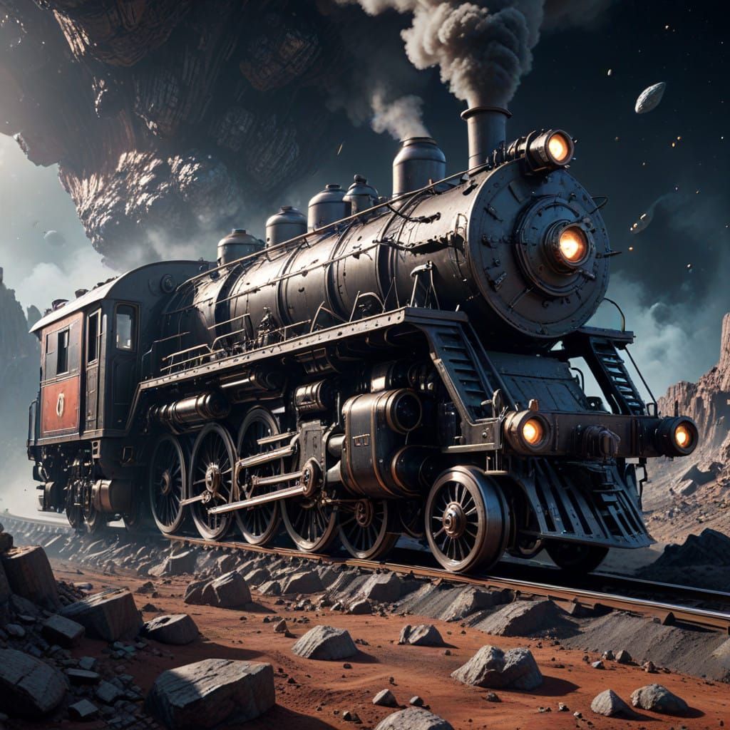 Steam-Powered Space Train Cruises Through Asteroid... - AI Art
