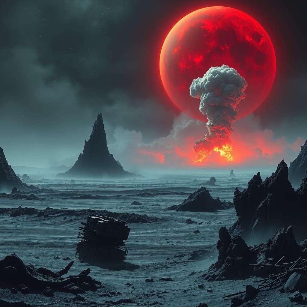 Haunting Desolation of Sable Moon in Eerie, Crimso... - AI Art