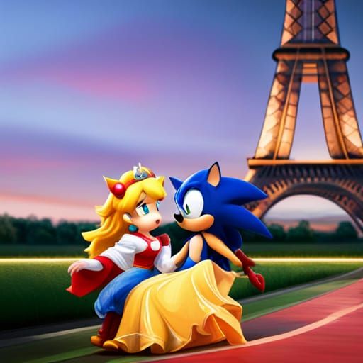 Princess Peach on a date with Sonic the hedgehog in front of the Eiffel tower - AI Generated ...