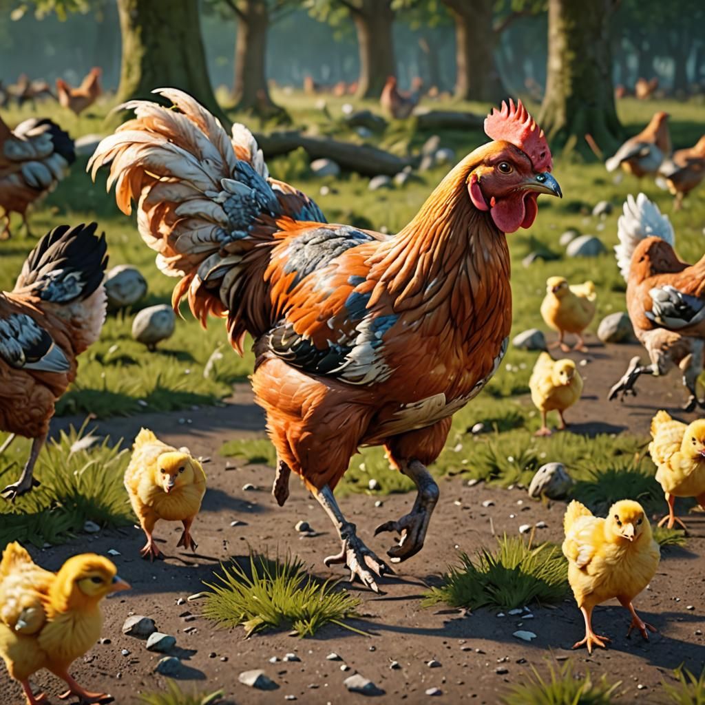 A buffed up hen, super strong, chasing a fox away from the chicks, CGI ...