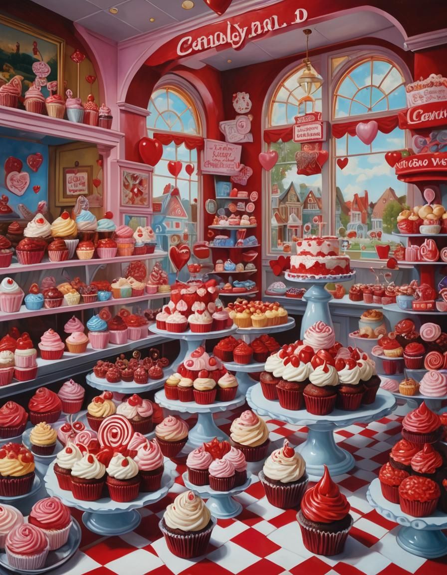 candyland red-velvet valentine cupcake theme cake shop - AI Generated ...