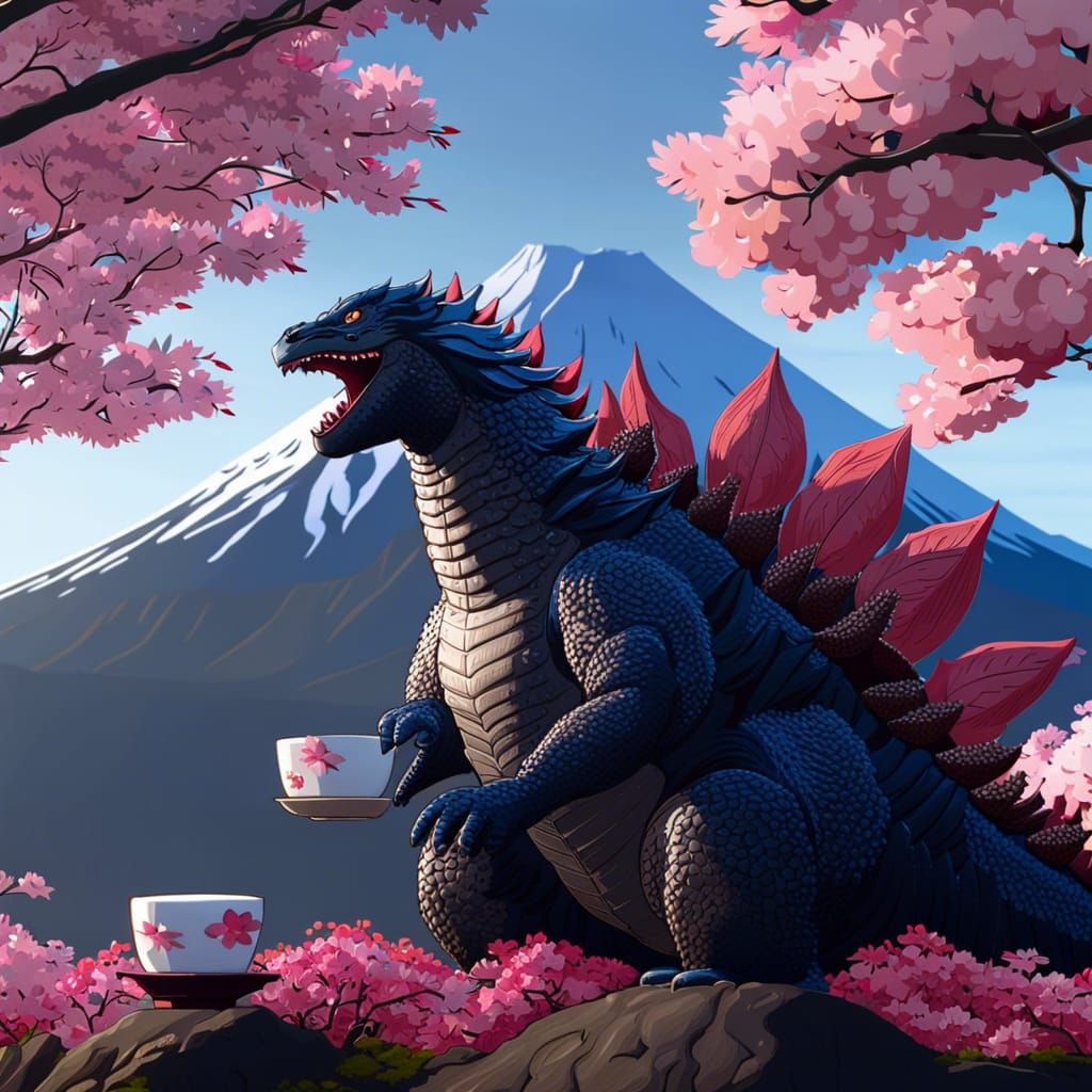 Godzilla on Mt. Fuji with Sakura and Tea - AI Generated Artwork ...