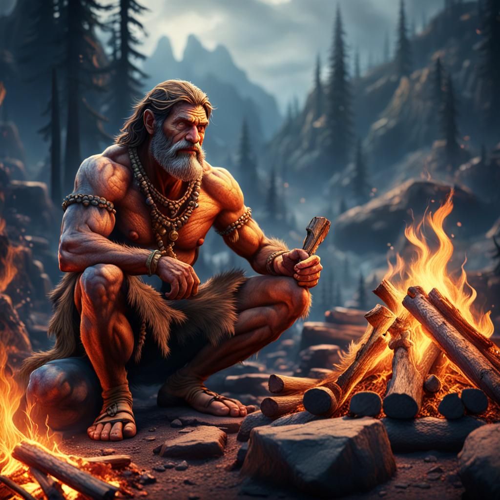 caveman starting a camp fire detailed close up matte painting, deep ...