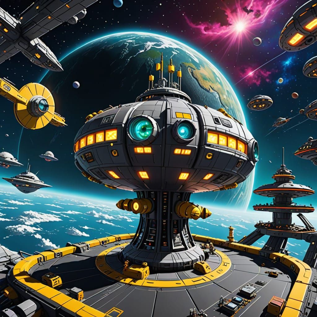 the simpsons looking at a futuristic multi ship docking port in outer ...