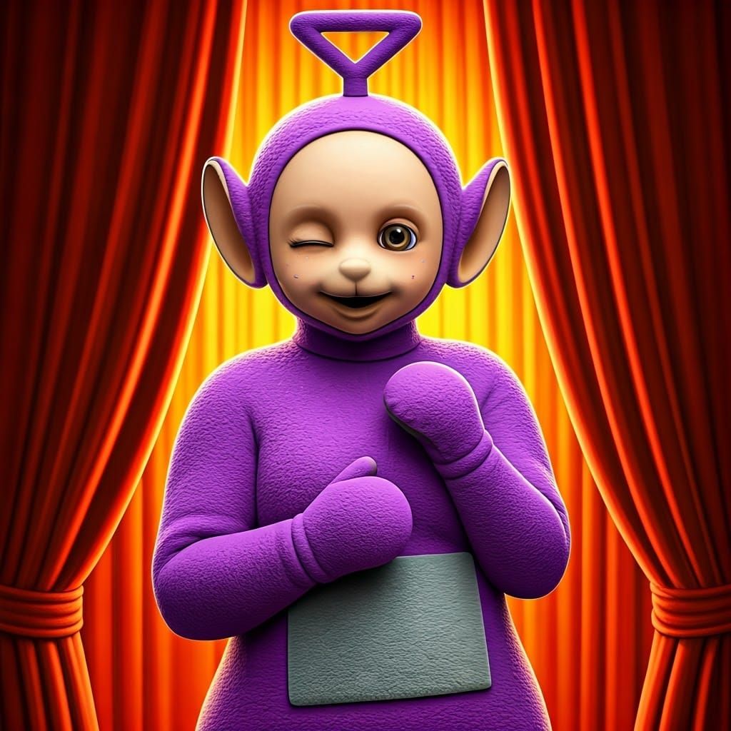 Vibrant Teletubby Girl Winks Behind Whimsical Red ... - AI Art