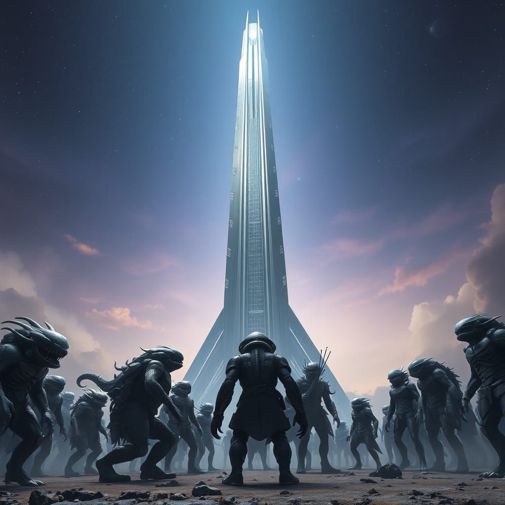 Monstrous Aliens Gaze Up at a Tower of Futuristic ... - AI Art